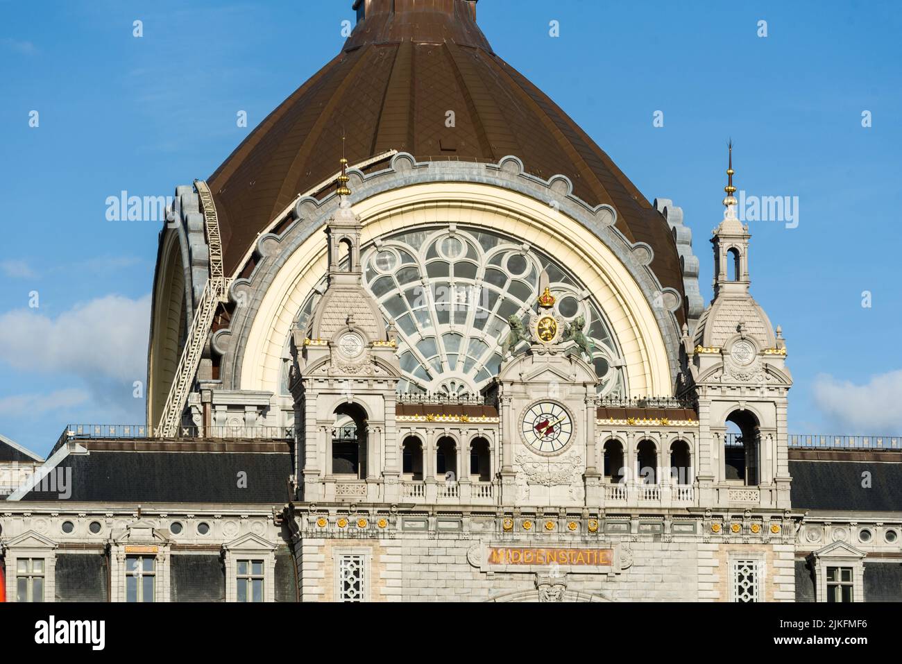 The stone terminus building, of Antwerp Central Railway Station with an ...