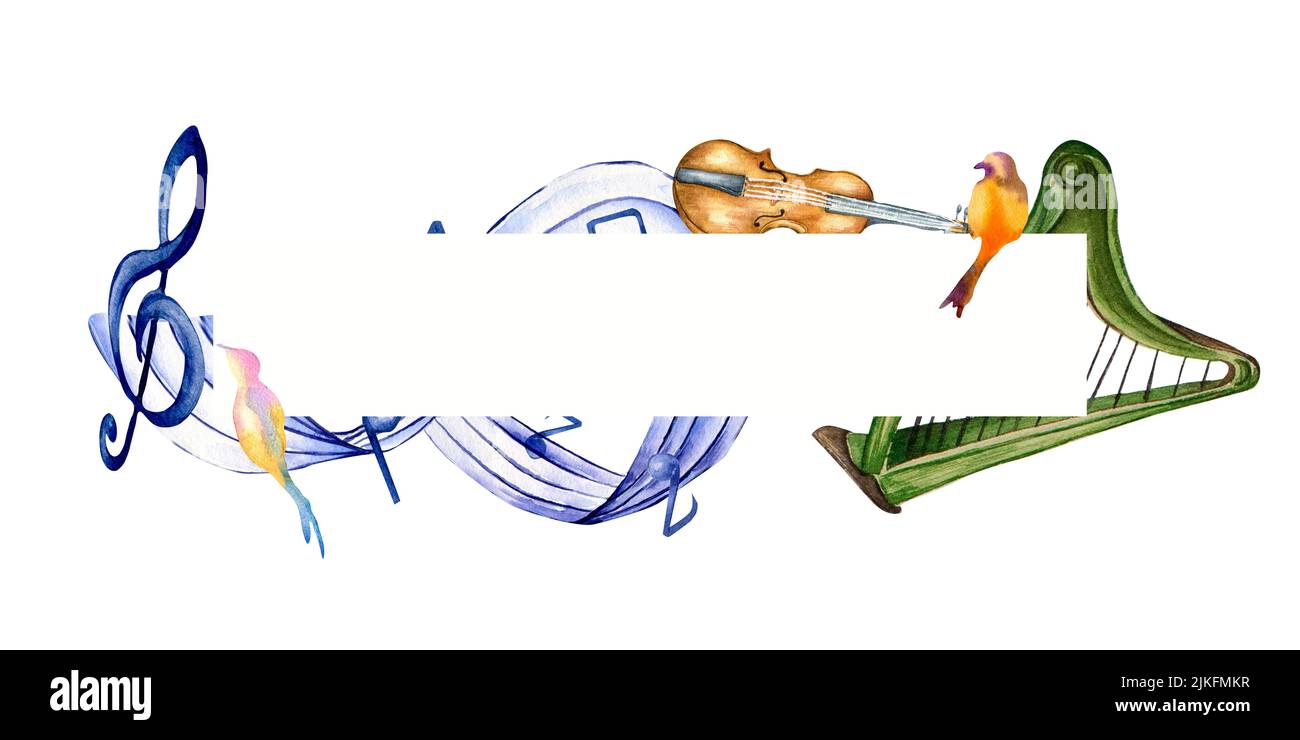 Frame of violin, harp watercolor illustration isolated. Set of musical ...