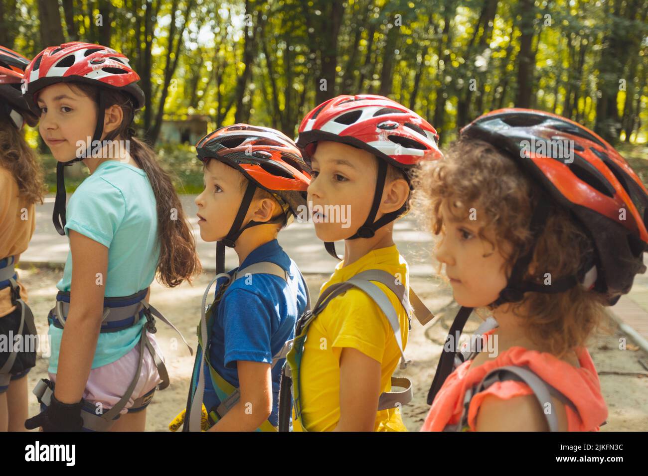 The group of kids in protective gear before start the competition Stock ...