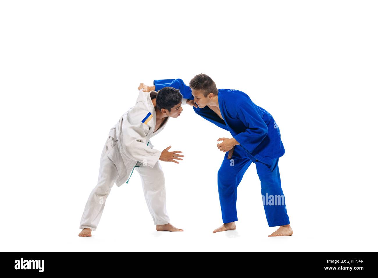 Studio shot of two men, professional judo, combat sport athletes ...