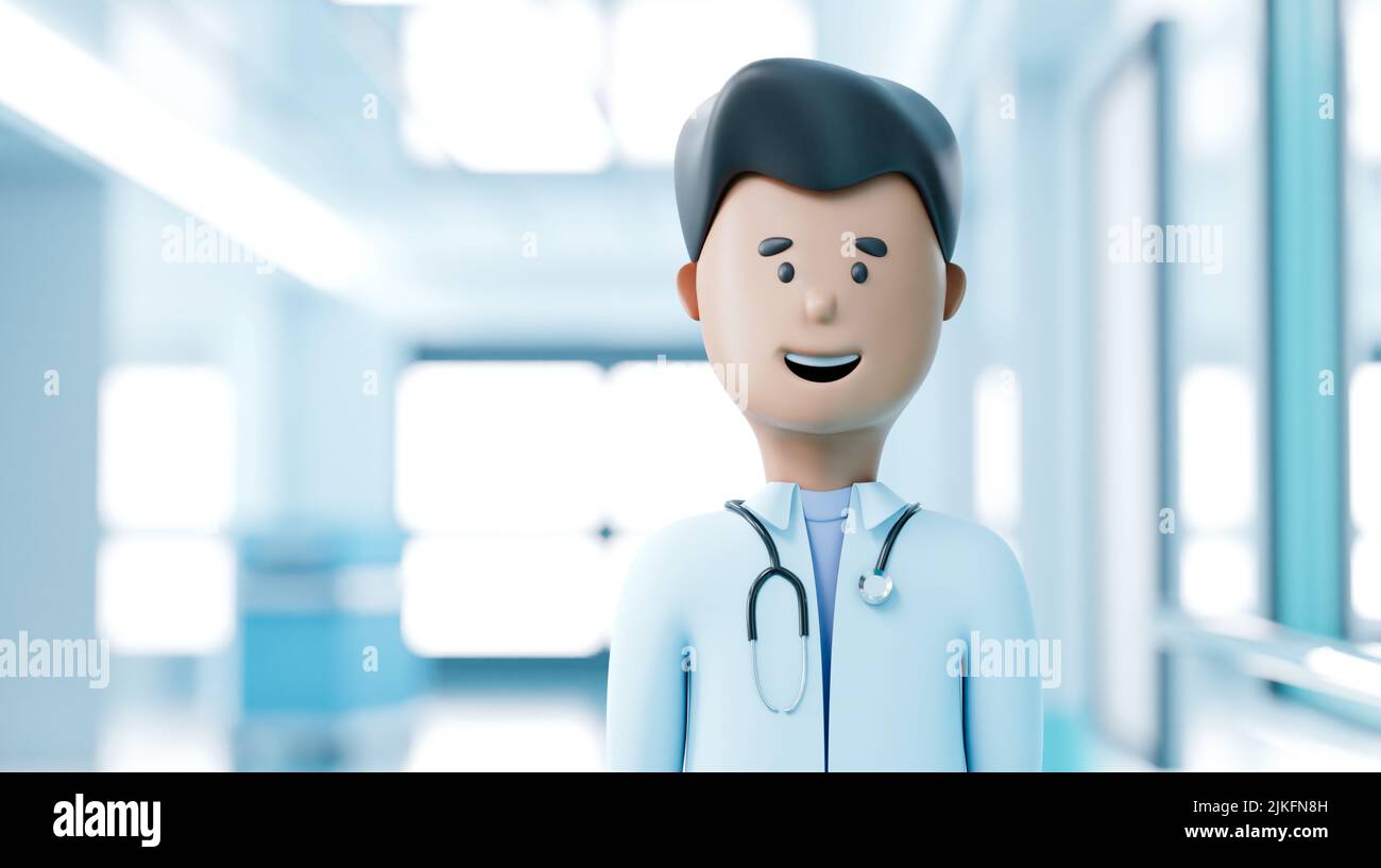 Cartoon doctor with stethoscope stands in the hospital on blurred ...