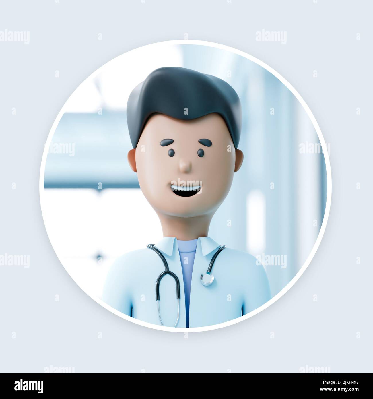 Cartoon doctor with stethoscope stands in the hospital on blurred ...