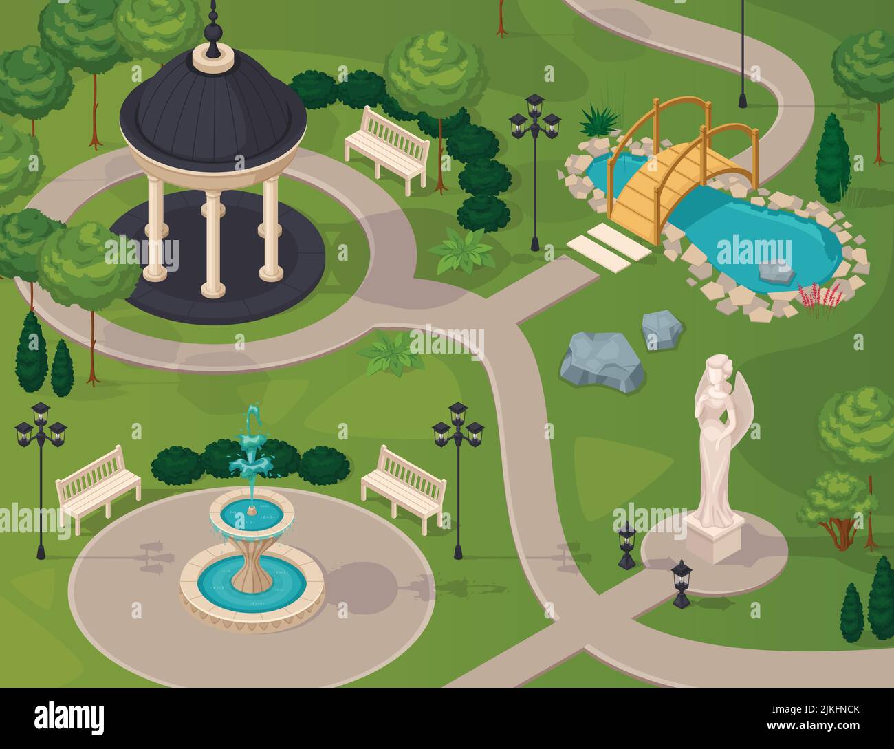 Park landscape isometric design composition with gazebo statue fountain ...