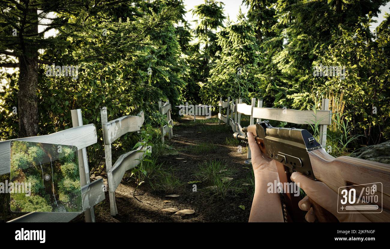 First person shooter war game screenshot concept - man running with AK ...