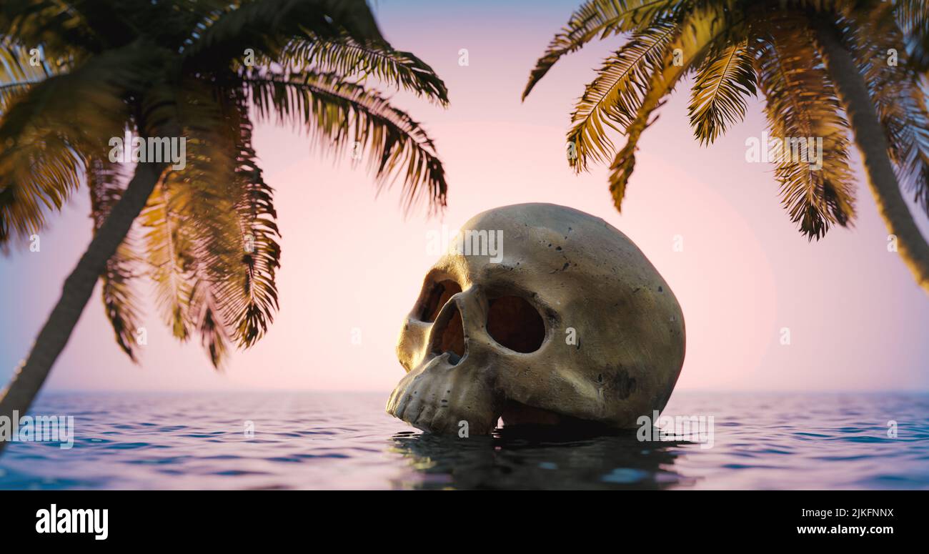 human skull on a water surface with palm trees background - abstract 3d ...