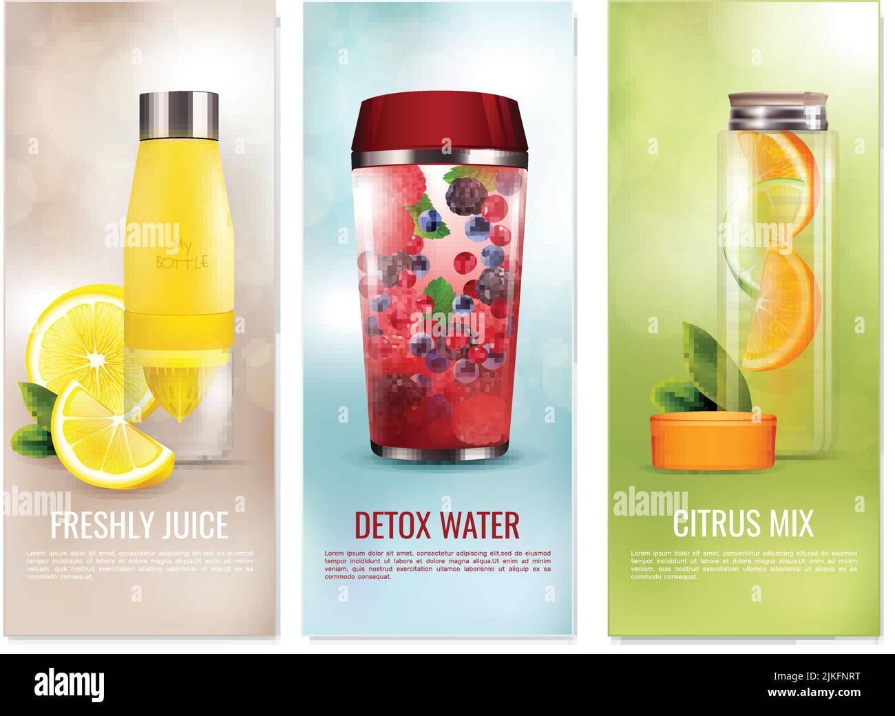 Detox drinks set of vertical banners with fresh juice, citrus mix on ...