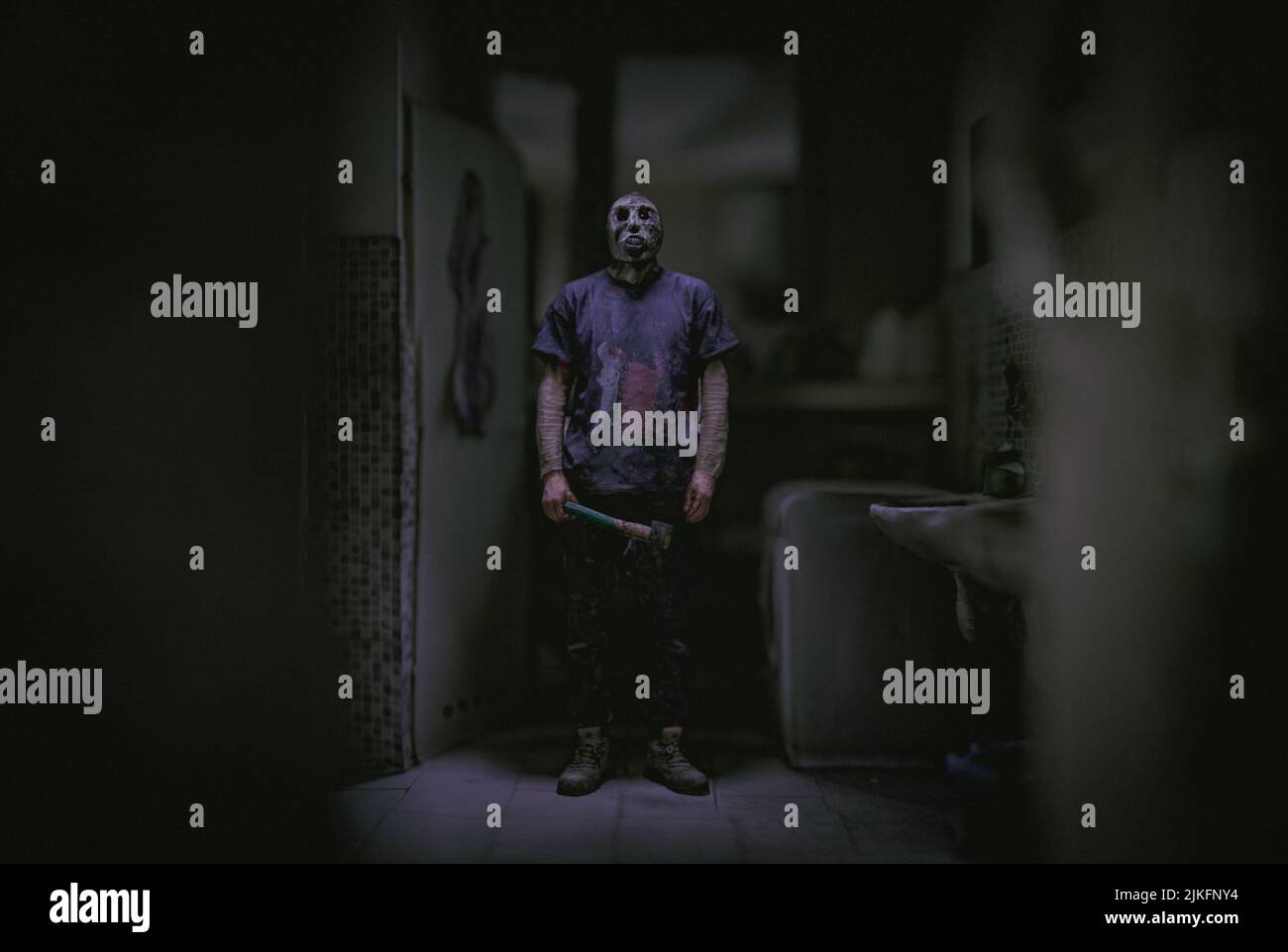 A murderer with an ax in the toilet - horror movie concept image - 3d ...