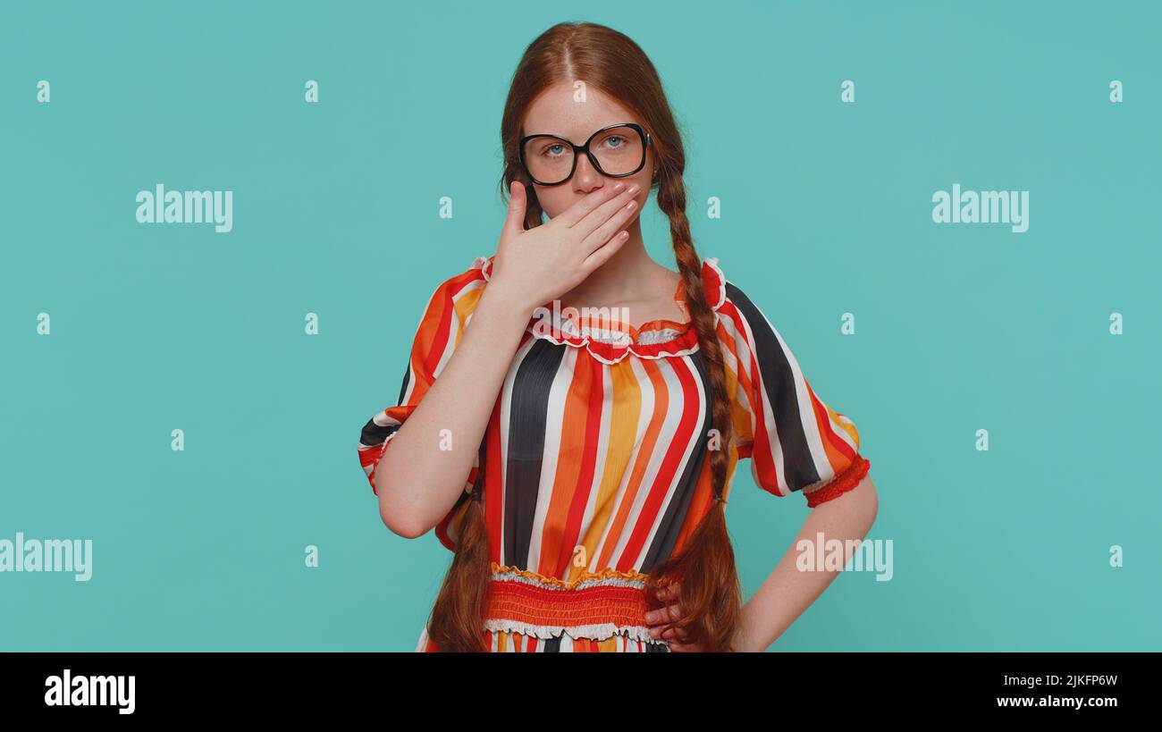 Offended redhead girl ginger in dress having misunderstanding ...