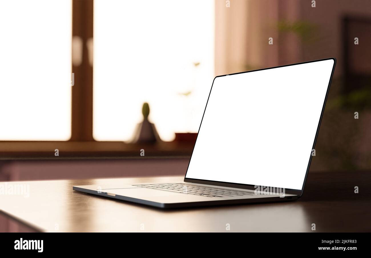 Laptop with frameless blank screen on table in home interior - 3d ...