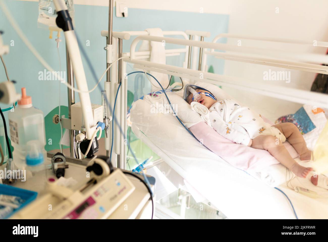 Infant in resuscitation for treatment of bronchiolitis in a hospital ...