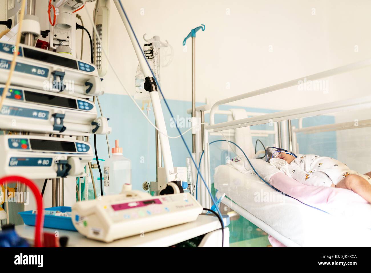 Infant in resuscitation for treatment of bronchiolitis in a hospital ...