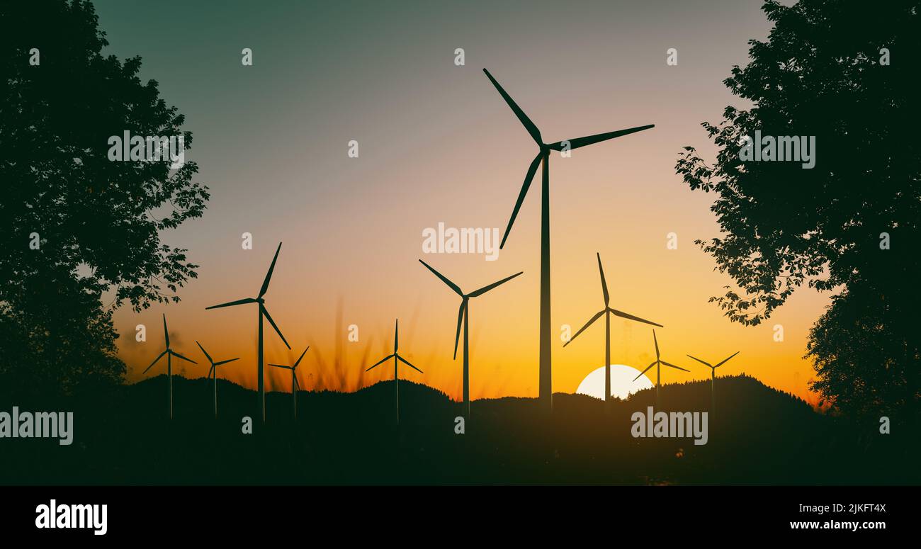 Wind Turbines Generators of electricity from wind. Sunset - 3d render ...
