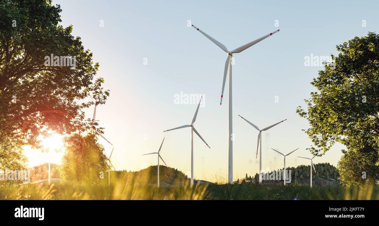 Wind Turbines Generators of electricity from wind. Sunset - 3d render ...