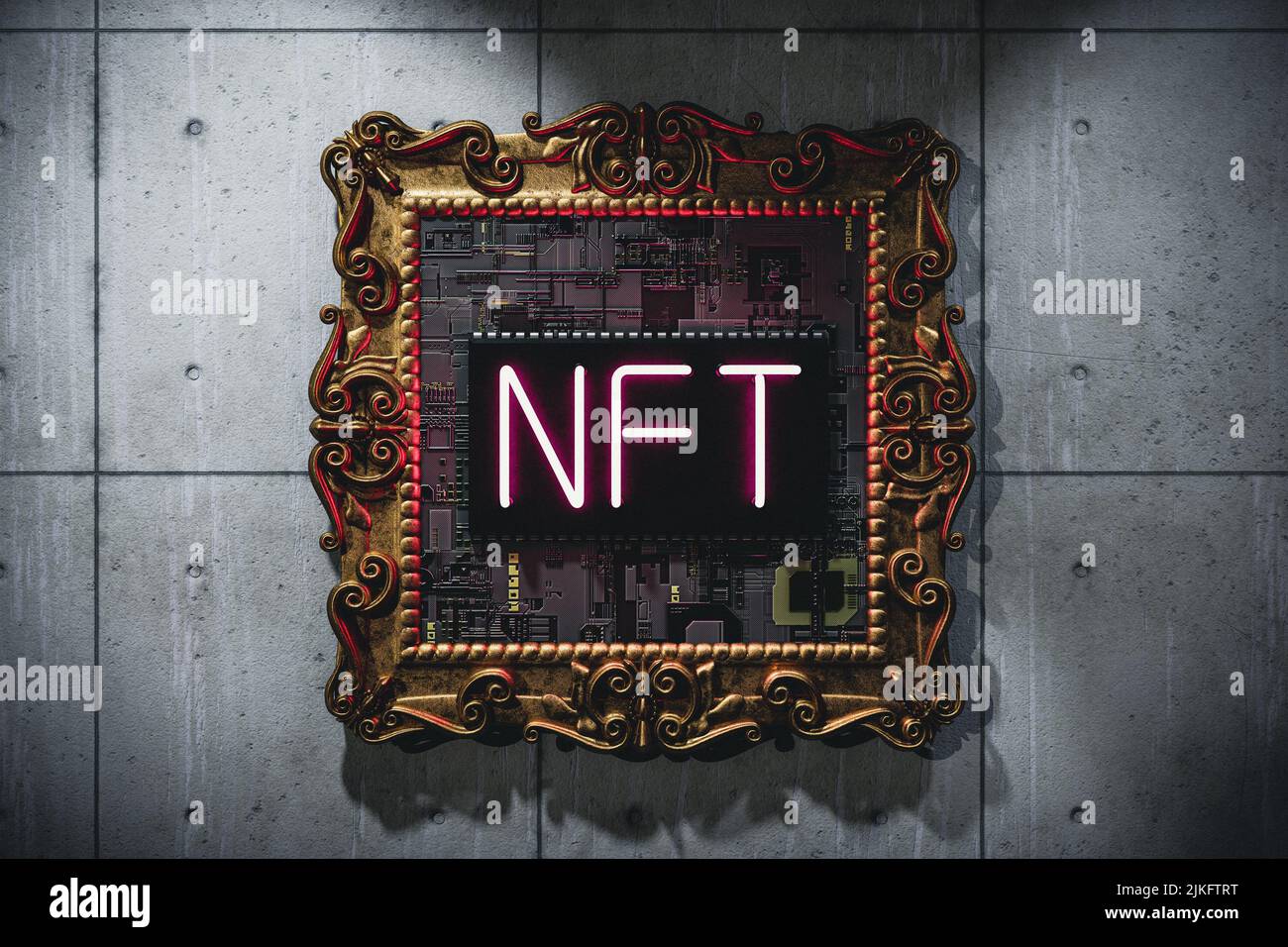 NFT Non fungible Token. Vintage golden picture frame concept ...