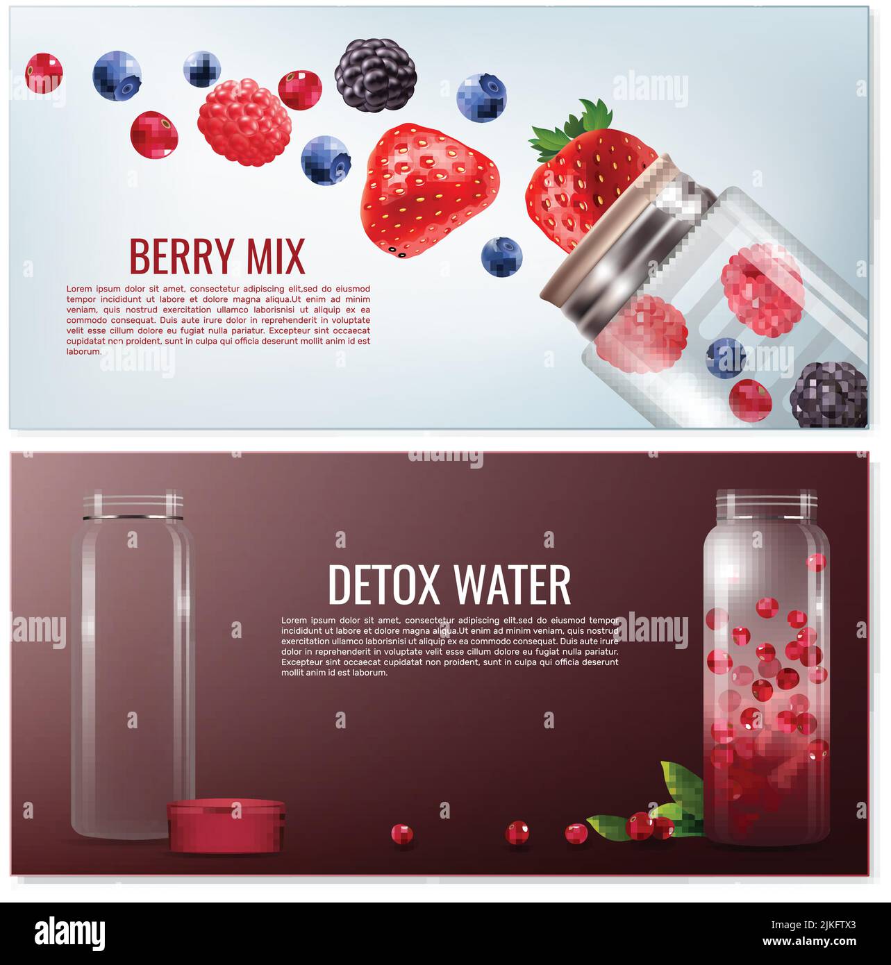 Detox beverages horizontal banners including transparent bottles with ...