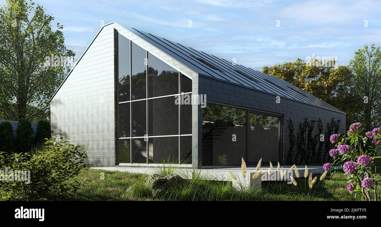 A modern barn-type house with a mezzanine and large windows - 3d render ...