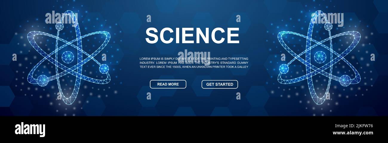 Atom polygonal symbol for promotion banner. Horizontal low poly poster ...