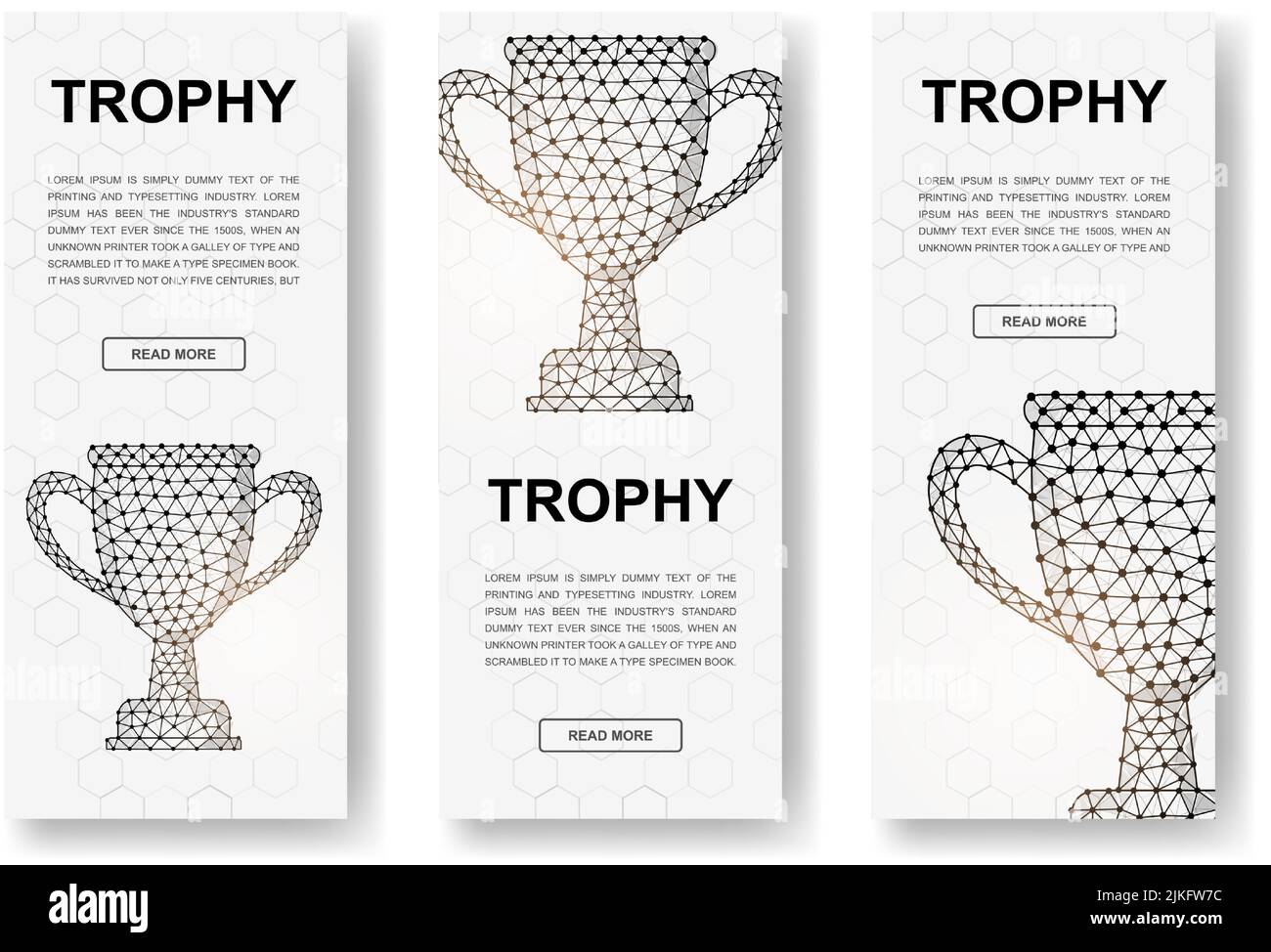Set of three Trophy cup polygonal vertical banners. 3d Award low poly symbols with connected ...
