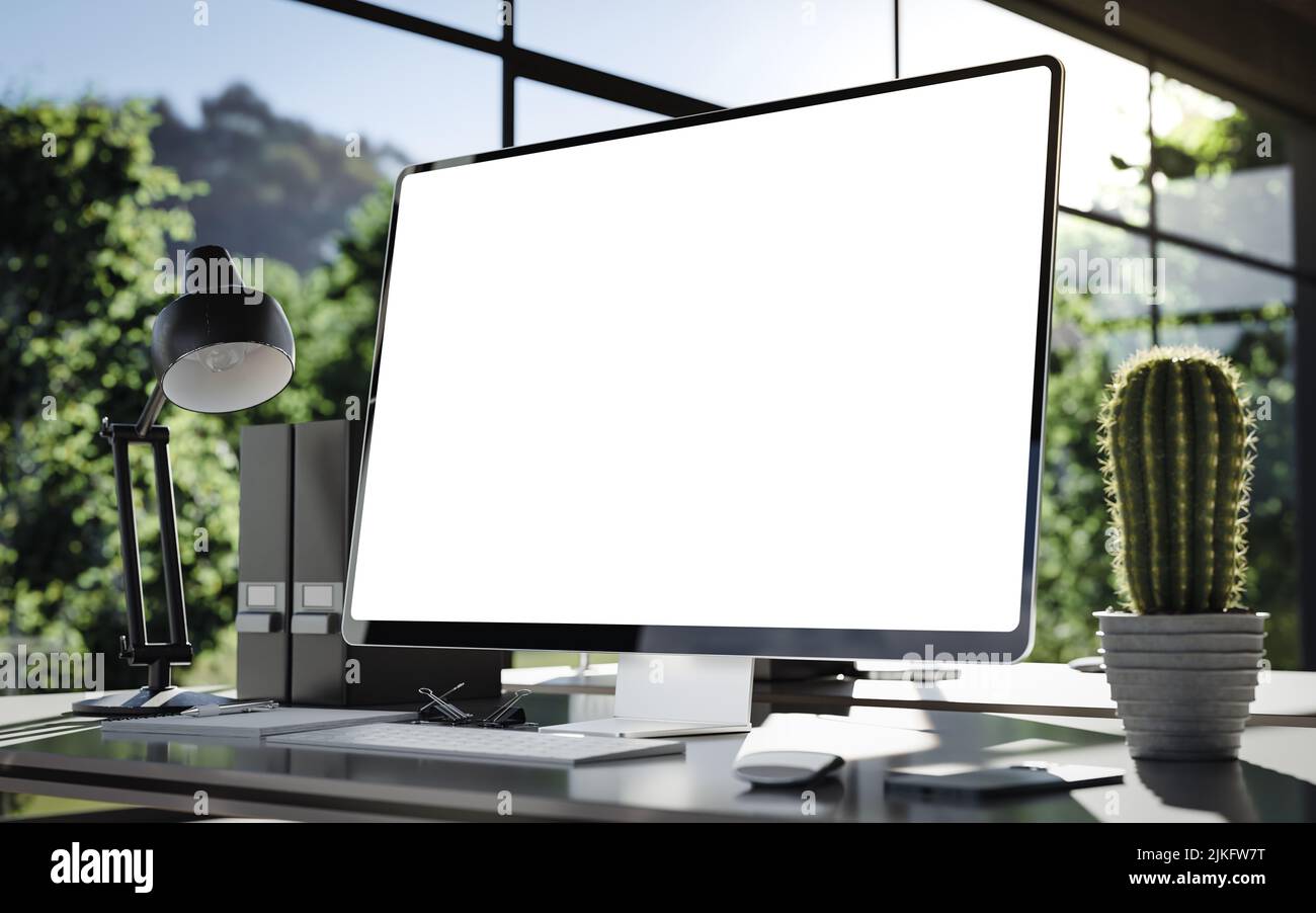 Computer all-in-one with a blank screen front in industrial loft green ...