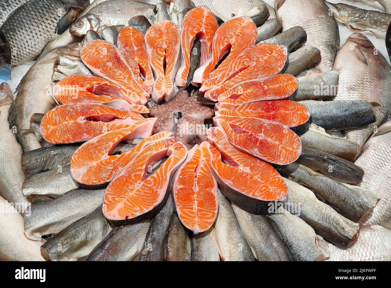 Fresh chilled fish and fillet on the ice at seafood supermarket counter ...