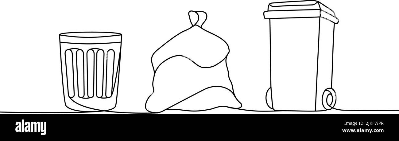 Set of trash one line continuous drawing. Rubbish, garbage, trash can ...