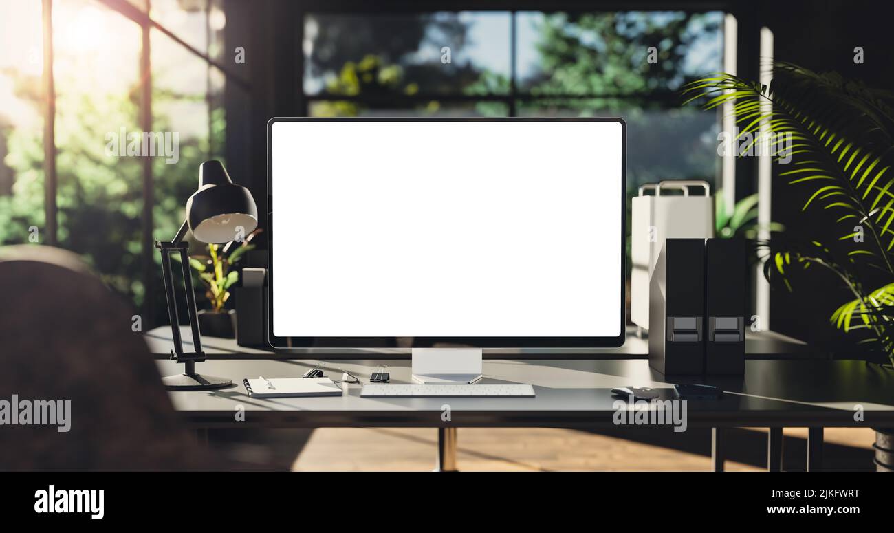 Computer all-in-one with a blank screen front in industrial loft green ...