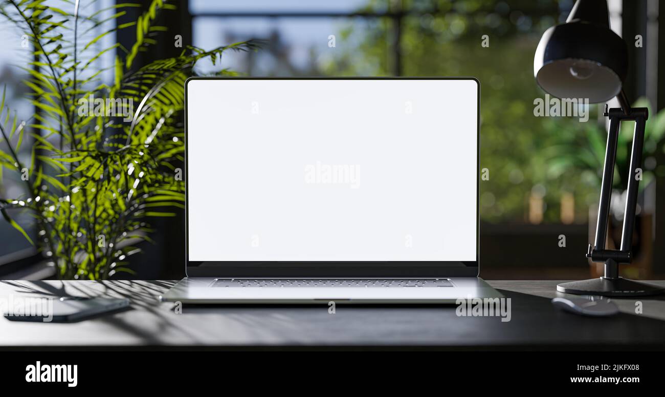 Laptop with blank frameless screen mockup template on the table in ...