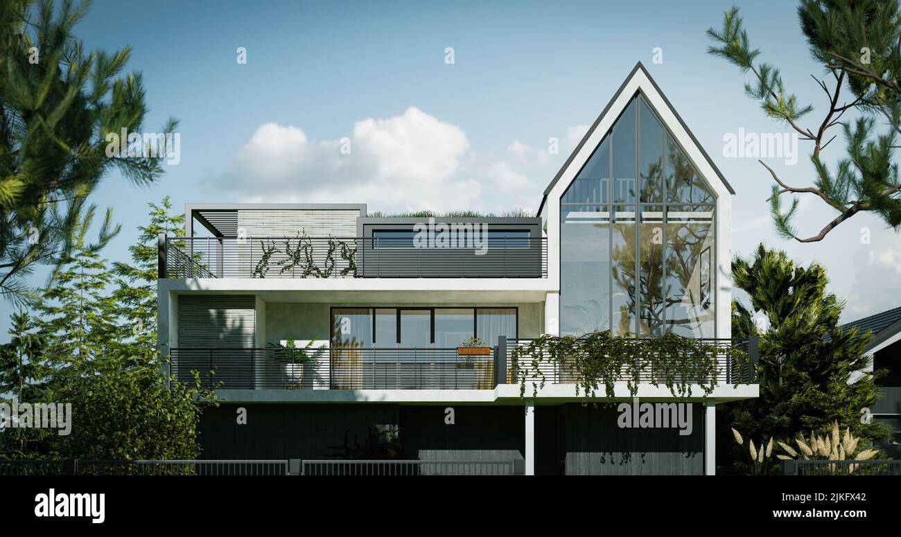 Modern design home with high ceilings and large windows - 3d render ...