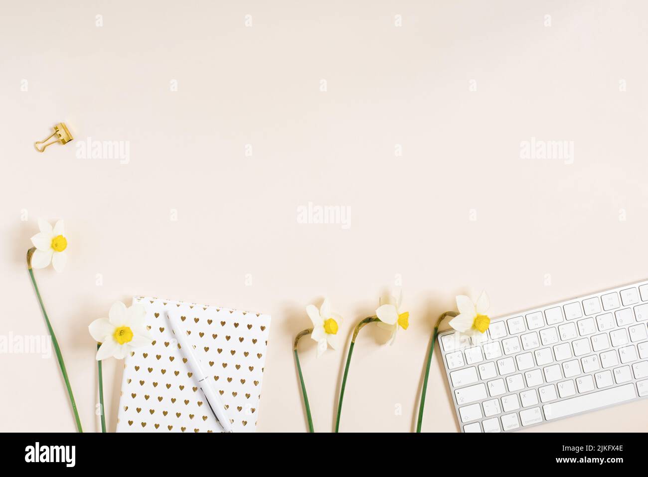 Women's office desk with flowers. A women's workplace with a keyboard ...