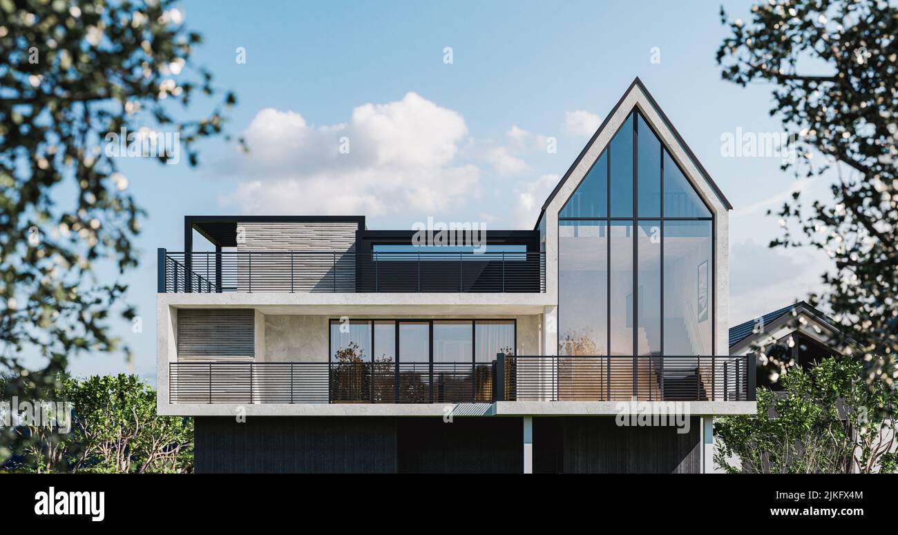 Modern design home with high ceilings and large windows - 3d render ...