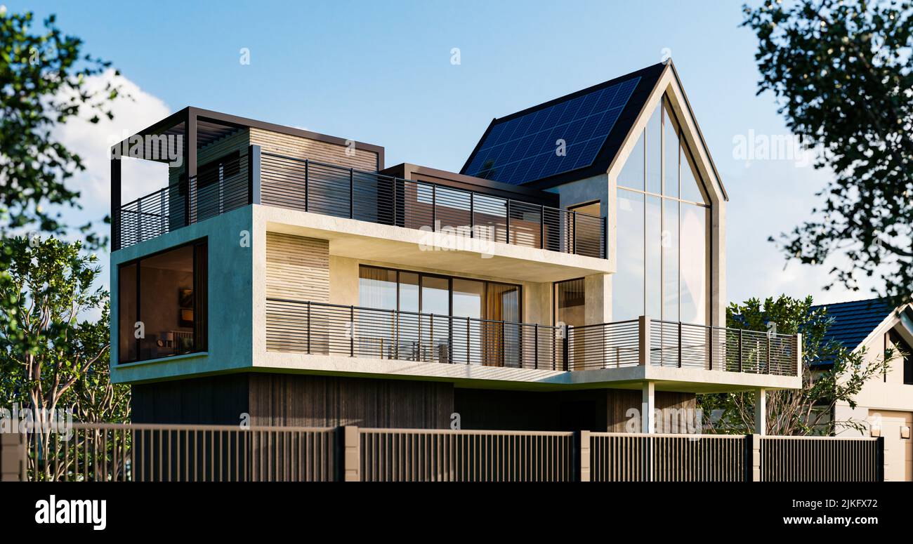 Modern design home with high ceilings and large windows - 3d render ...