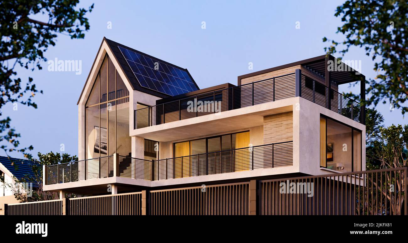 Modern design home with high ceilings and large windows - 3d render ...