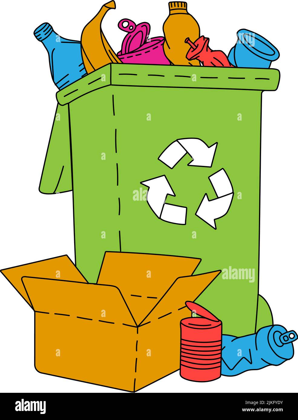 Trash can with pile of household waste. Plastic, glass, metal, paper ...