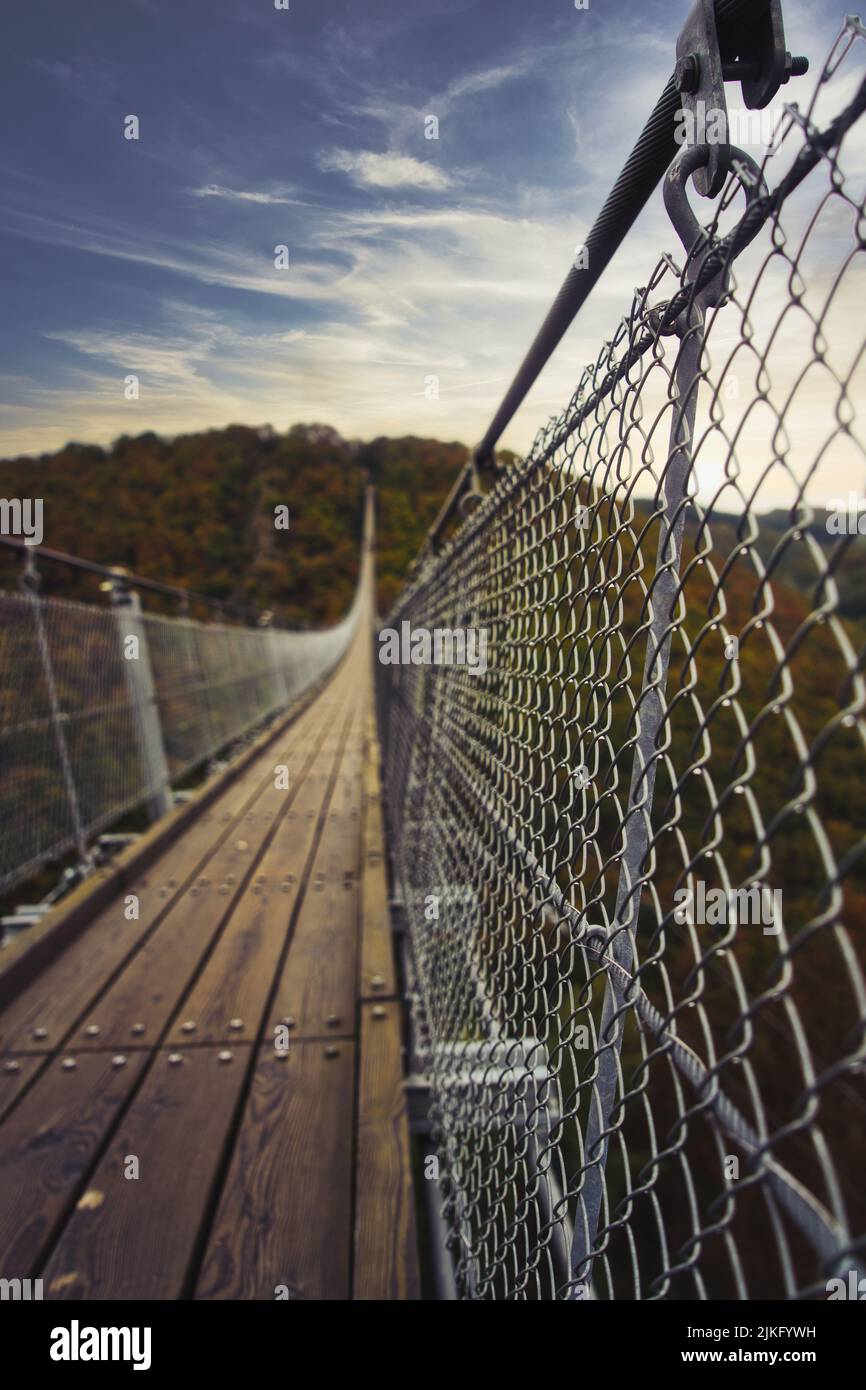A vertical shot of the metal railing of Geierlay Suspension Bridge in ...