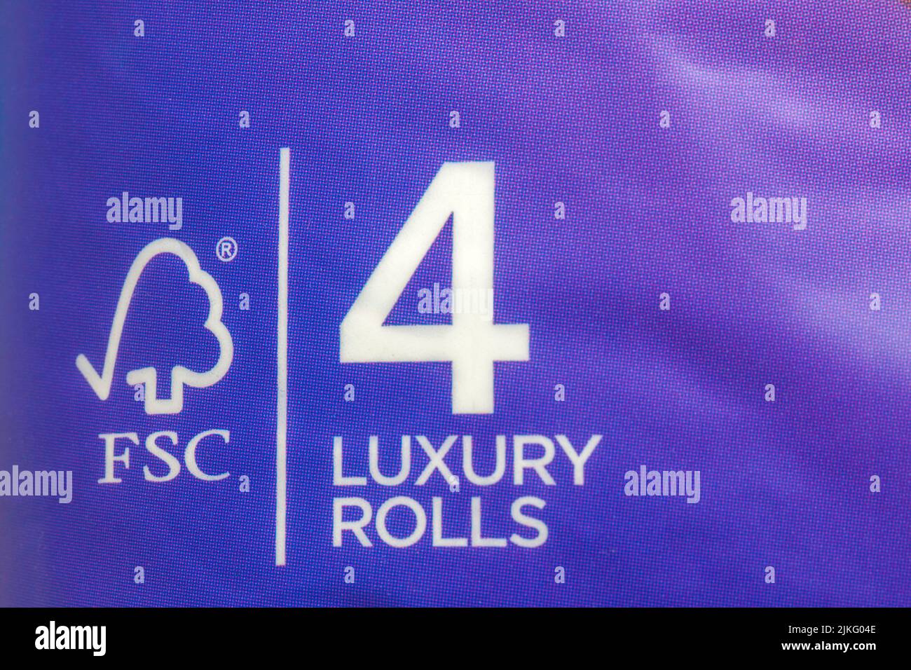 FSC symbol logo on 4 luxury rolls of Andrex toilet paper Stock Photo ...