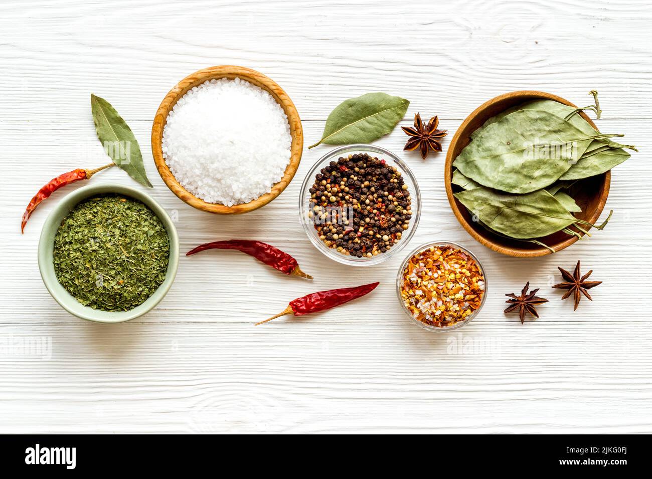 Colorful cooking background with spices and herbs in bowls, top view ...