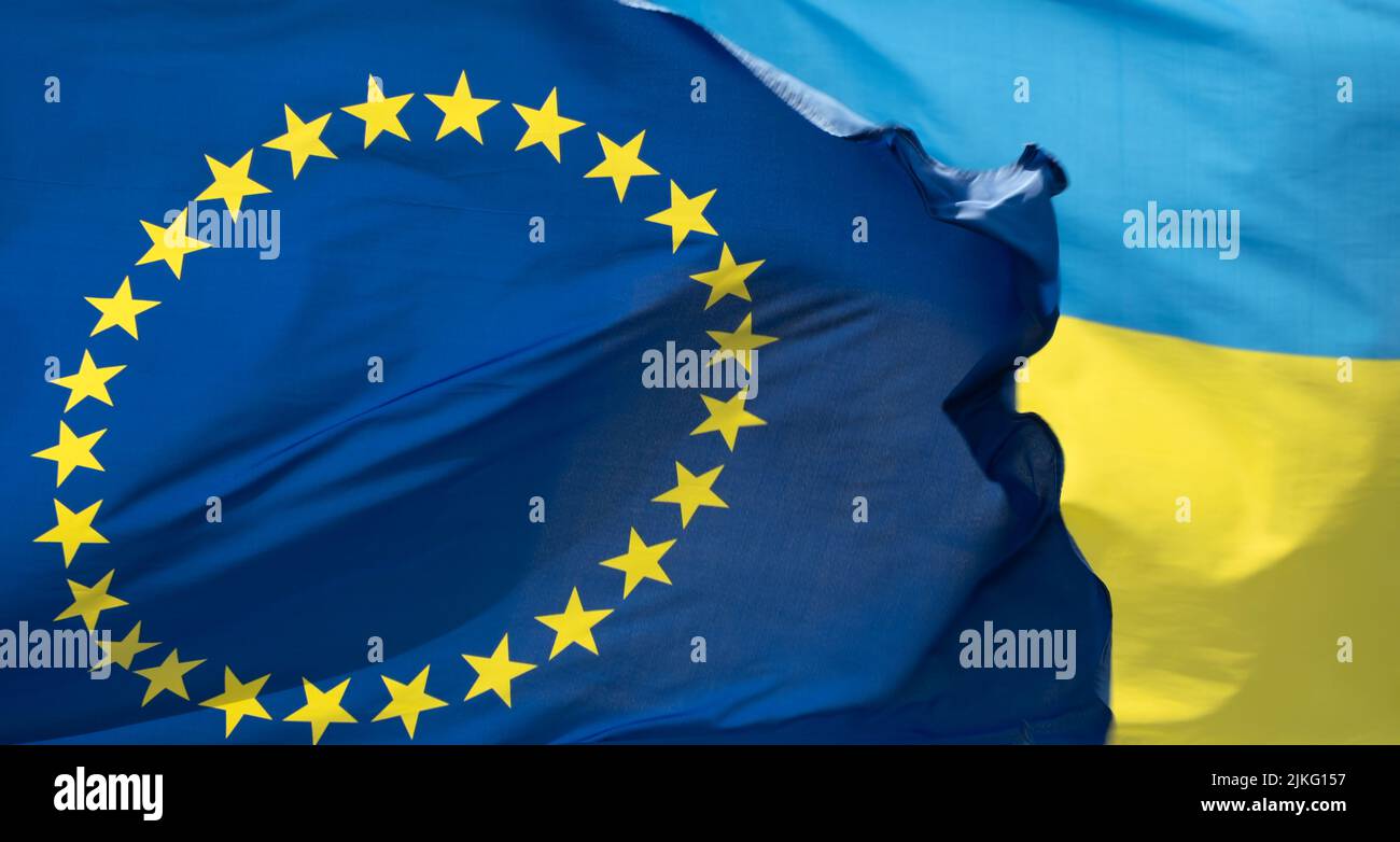 12.06.2022, Germany, Bremen, Bremen - EU flag and Ukrainian flag at a ...