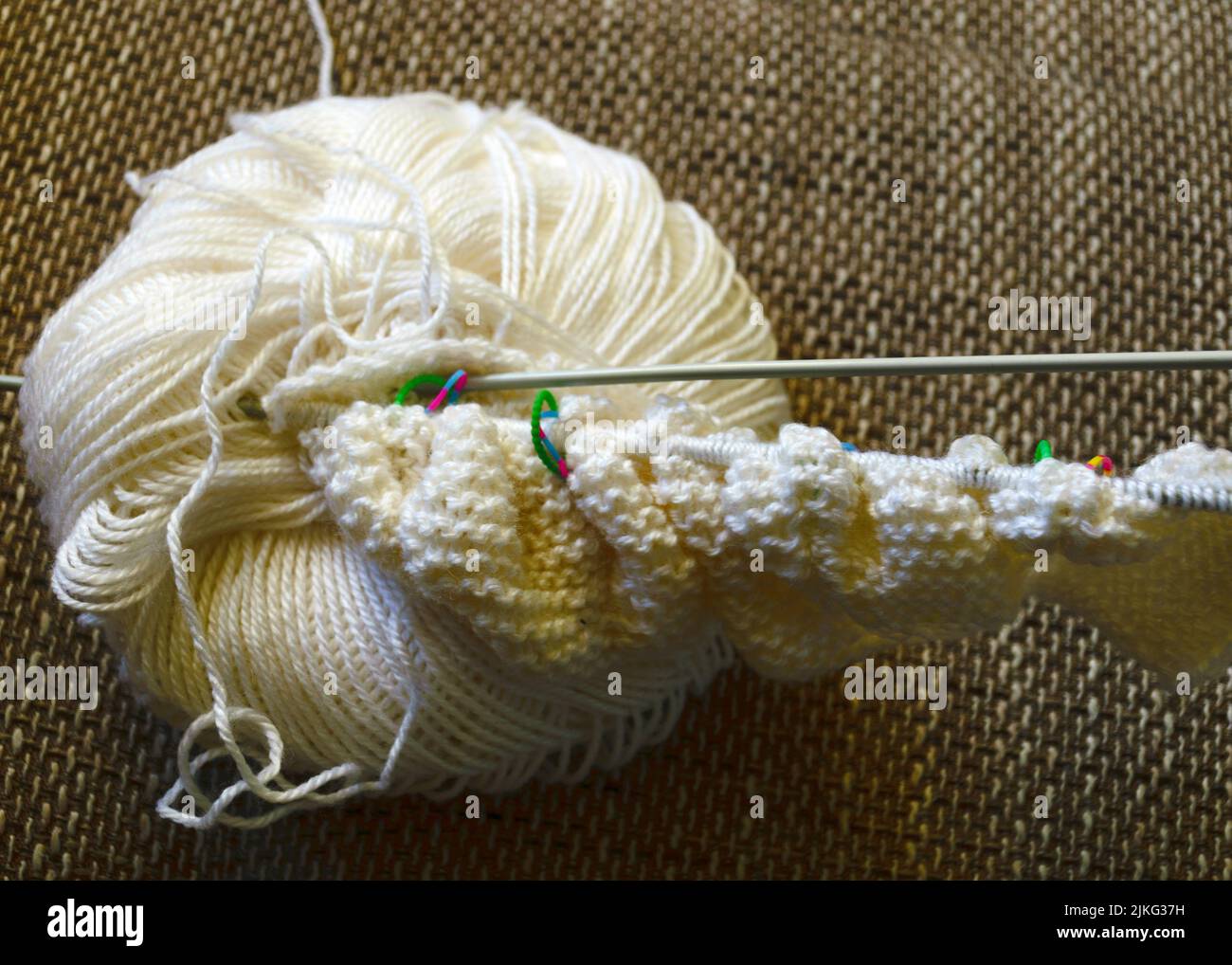 white ball of wool with knitted jacket, handicraft concept, handmade ...