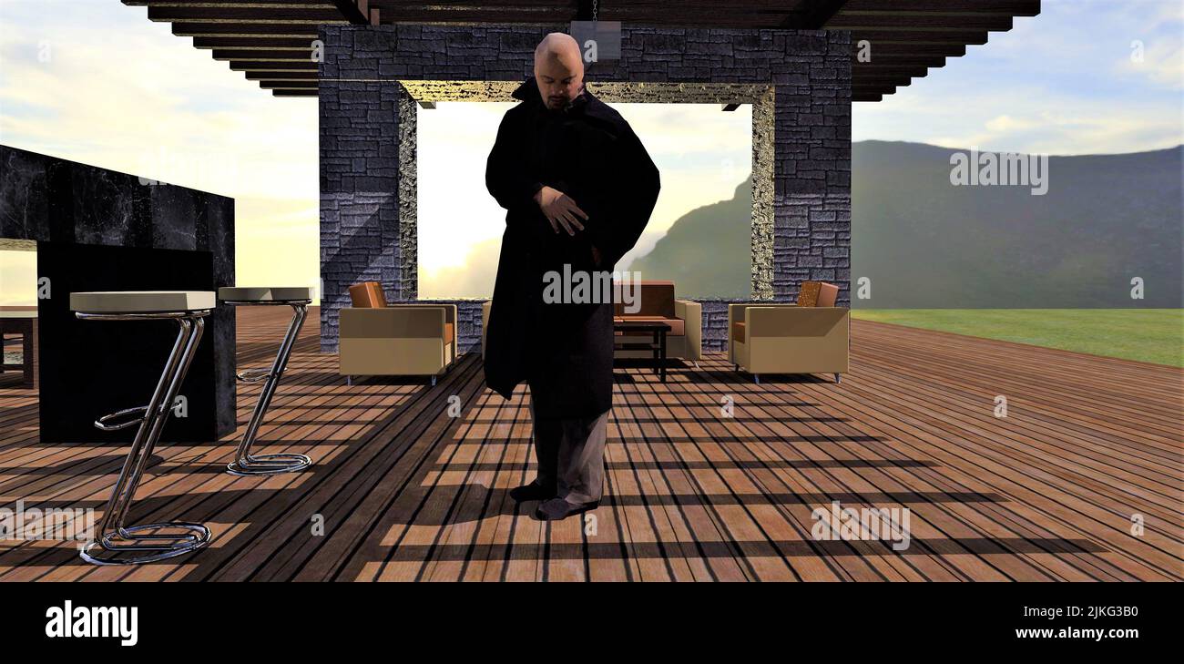 A drunk man in a raincoat is looking for something in his pocket near ...