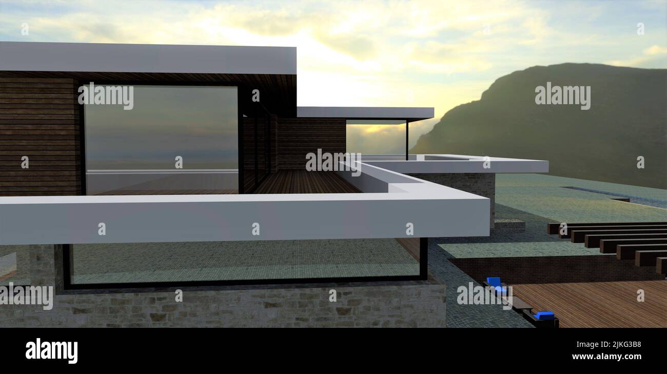 Courtyard and terrace of a modern country house against the backdrop of ...