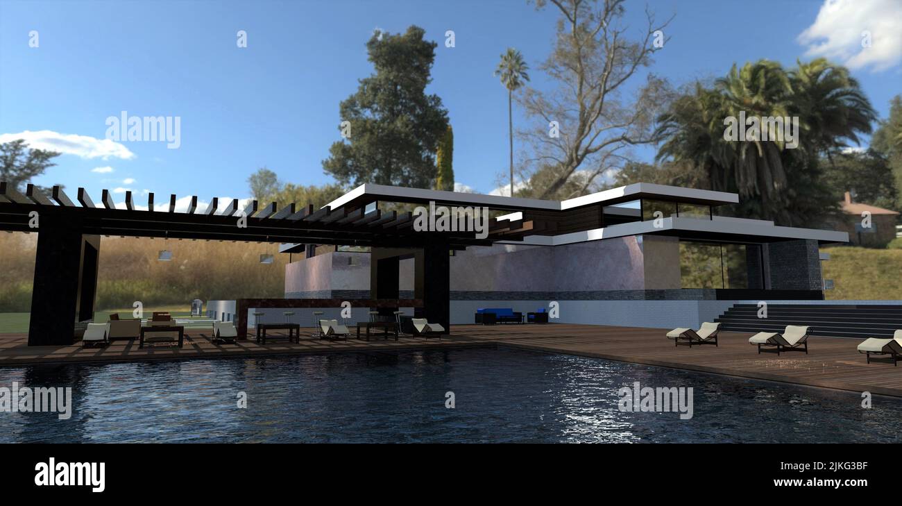 Swimming pool of a luxury villa. Sunbeds, patio, marble bar in a cozy ...