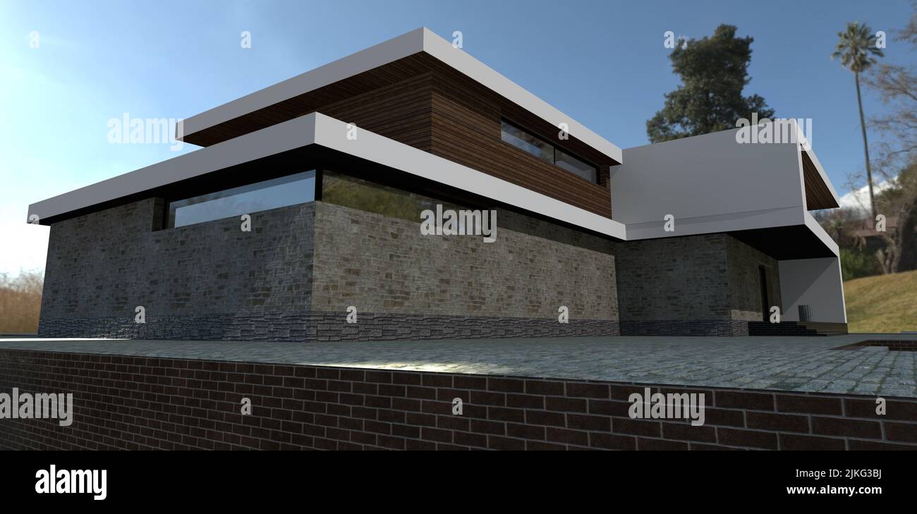 The house is finished with yellow old slate. Paving stones, green hill ...