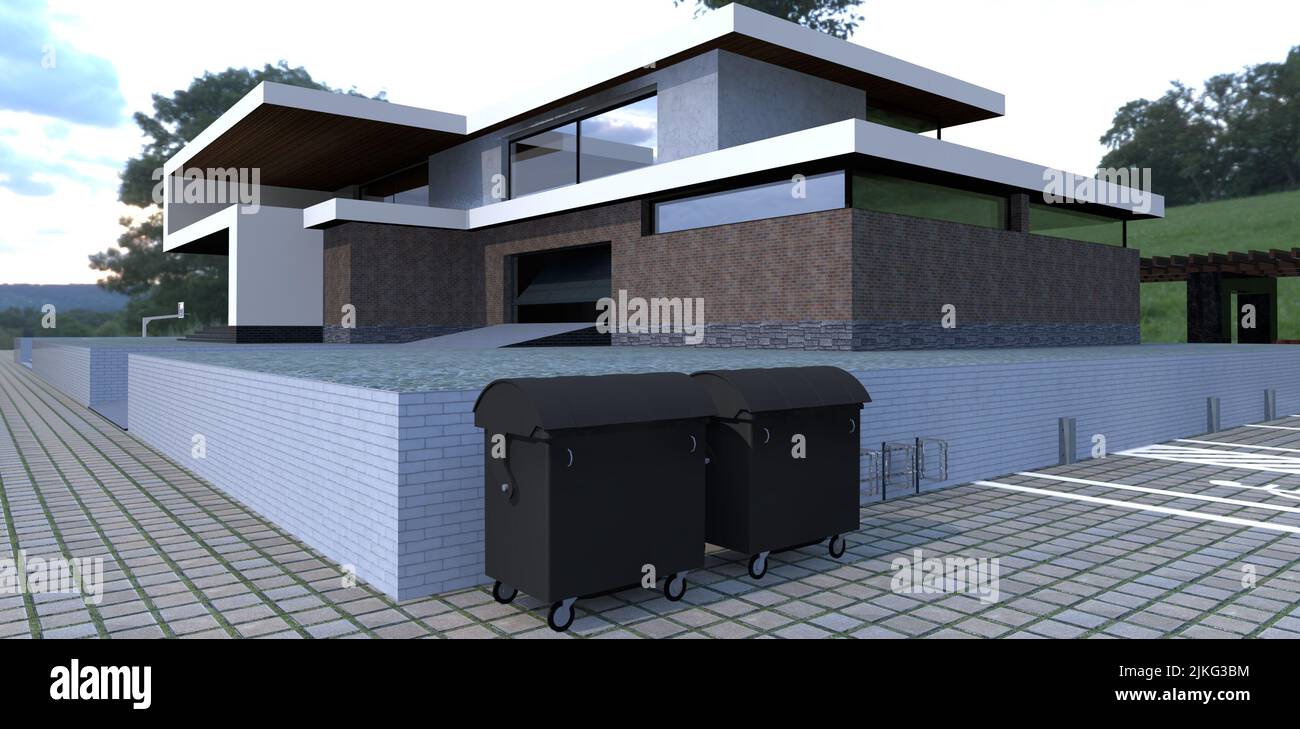 Two industrial black wheeled waste bins in the backyard of a modern ...