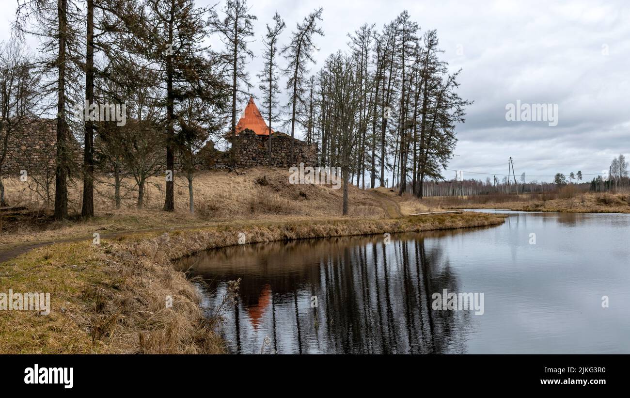 early spring landscape with a view of the castle ruins, the new bright ...