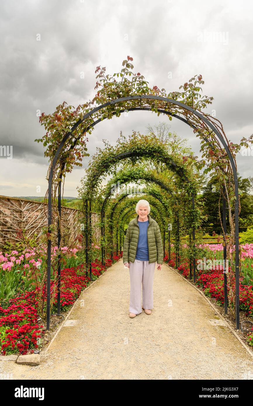 A vertical shot of an old stylish Caucasian woman posing in the park ...