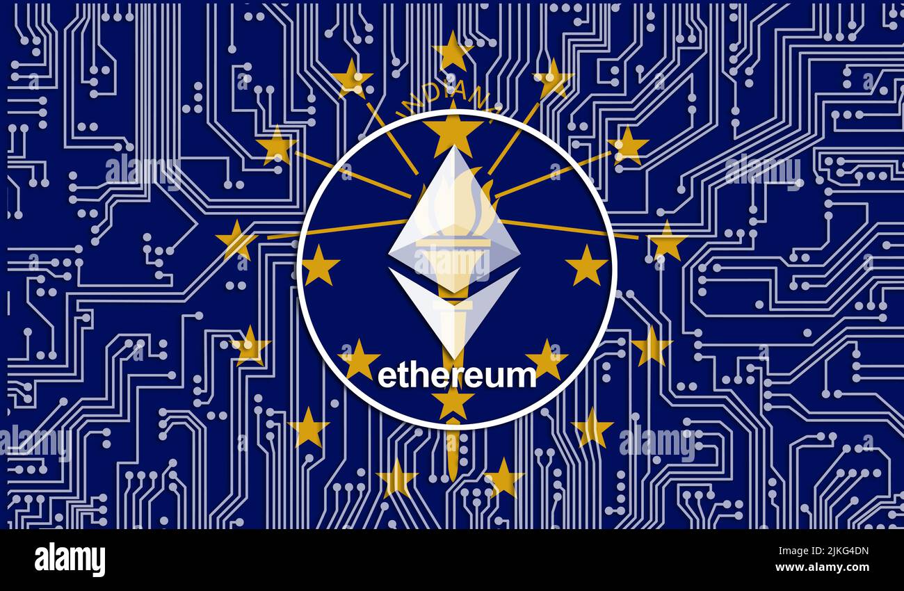 flag of Indiana, USA and ethereum coin, Integrated Circuit Board pattern. Ethereum Stock Growth ...