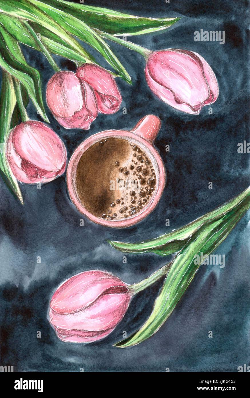 Watercolor illustration with a cup of coffee on a spring morning, with ...