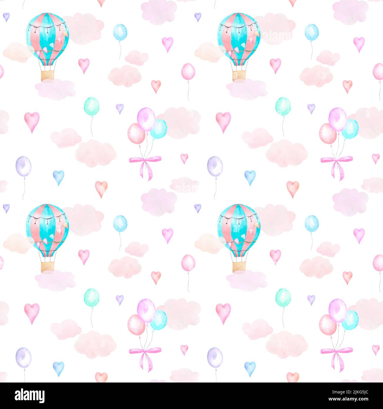 Watercolor seamless pattern of balloons in clouds on a white background ...
