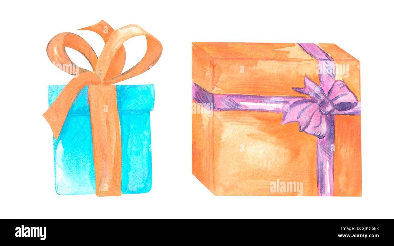 A set of painted watercolor gift boxes with bows isolated on a white ...