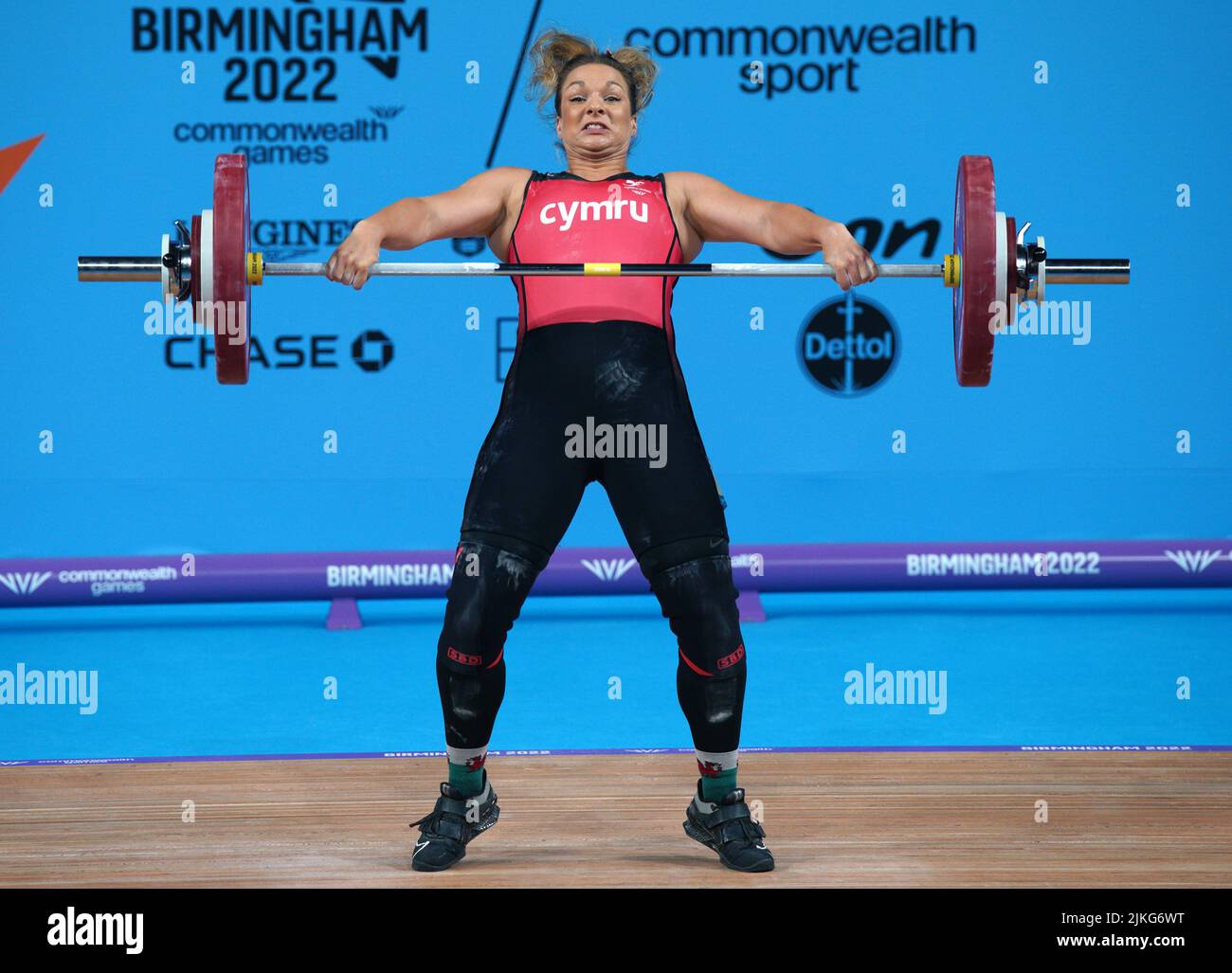 Wales' Amy Salt reacts to her lift during the Women's 76kg ...